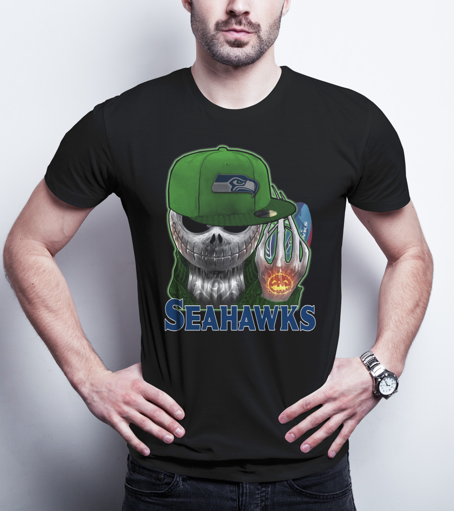 Jackskull In Green Cap Holding Pumpkin Seattle Seahawks T-Shirt