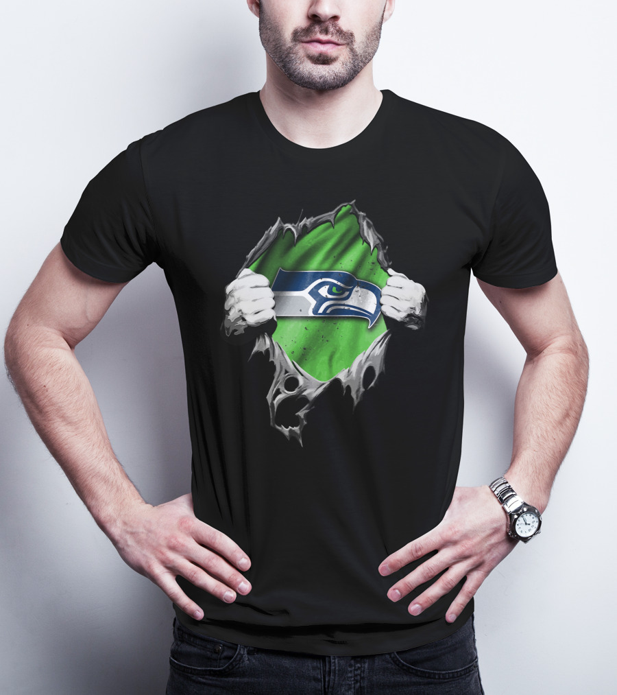 Seattle Seahawks Torn V2 Logo Peeking Through Ripped Fabric T-Shirt
