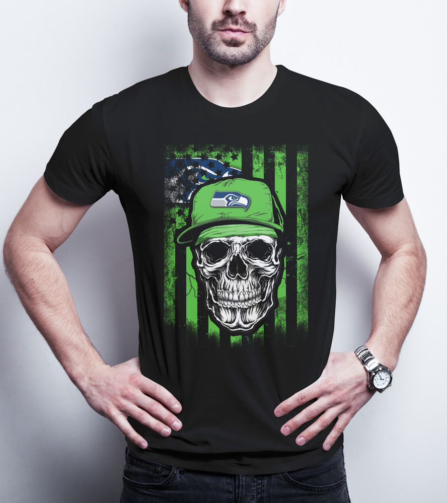 Skull In Seattle Seahawks Cap With Green Stripes And Team T-Shirt