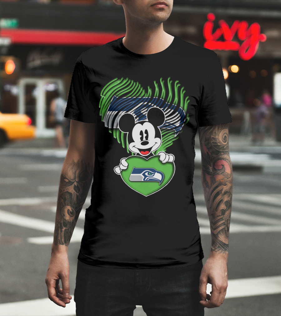 Mickey Mouse Heart Green With Seattle Seahawks T-Shirt