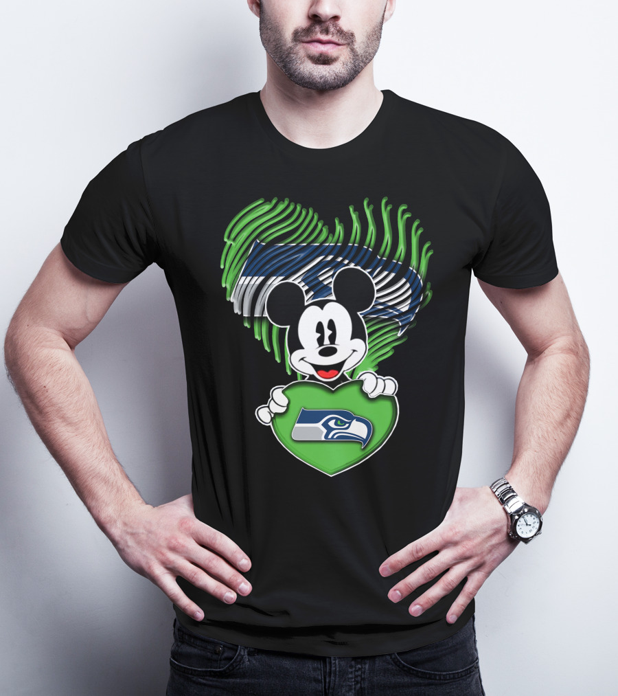 Mickey Mouse Heart Green With Seattle Seahawks T-Shirt