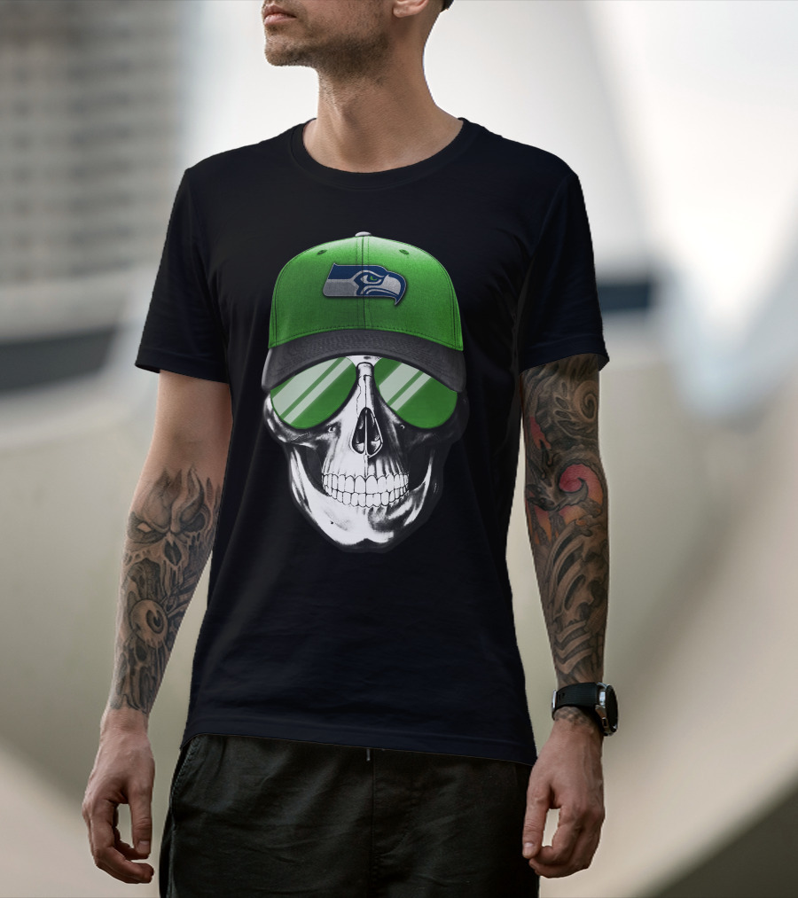 Skull V7 Seattle Seahawks Green Hat And Sunglasses T-Shirt