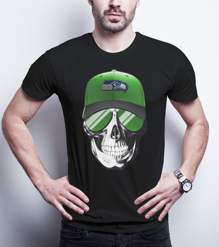 Skull V7 Seattle Seahawks Green Hat And Sunglasses T-Shirt