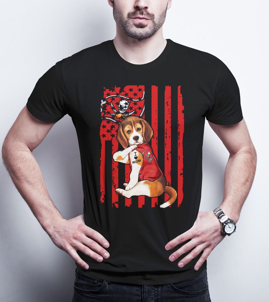 Beagle Puppy Tampa Bay Buccaneers I Love Mom Tattoo Patriotic Flag T-Shirt