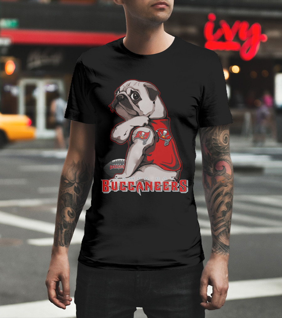 Pug Wearing Tampa Bay Buccaneers Jersey With Football T-Shirt