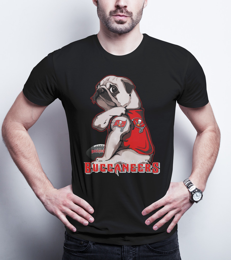 Pug Wearing Tampa Bay Buccaneers Jersey With Football T-Shirt
