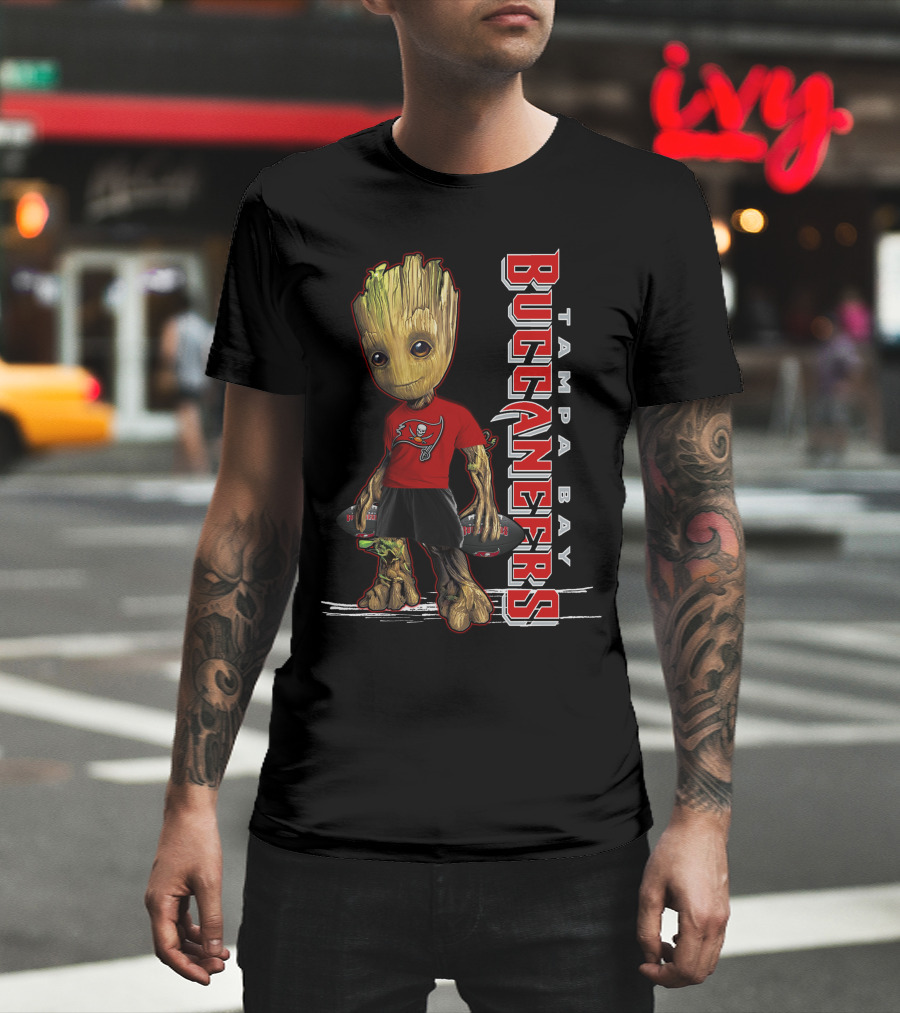 Groot In Tampa Bay Buccaneers Gear Standing With Football T-Shirt