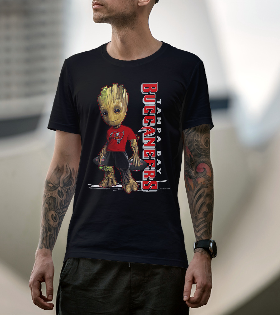 Groot In Tampa Bay Buccaneers Gear Standing With Football T-Shirt