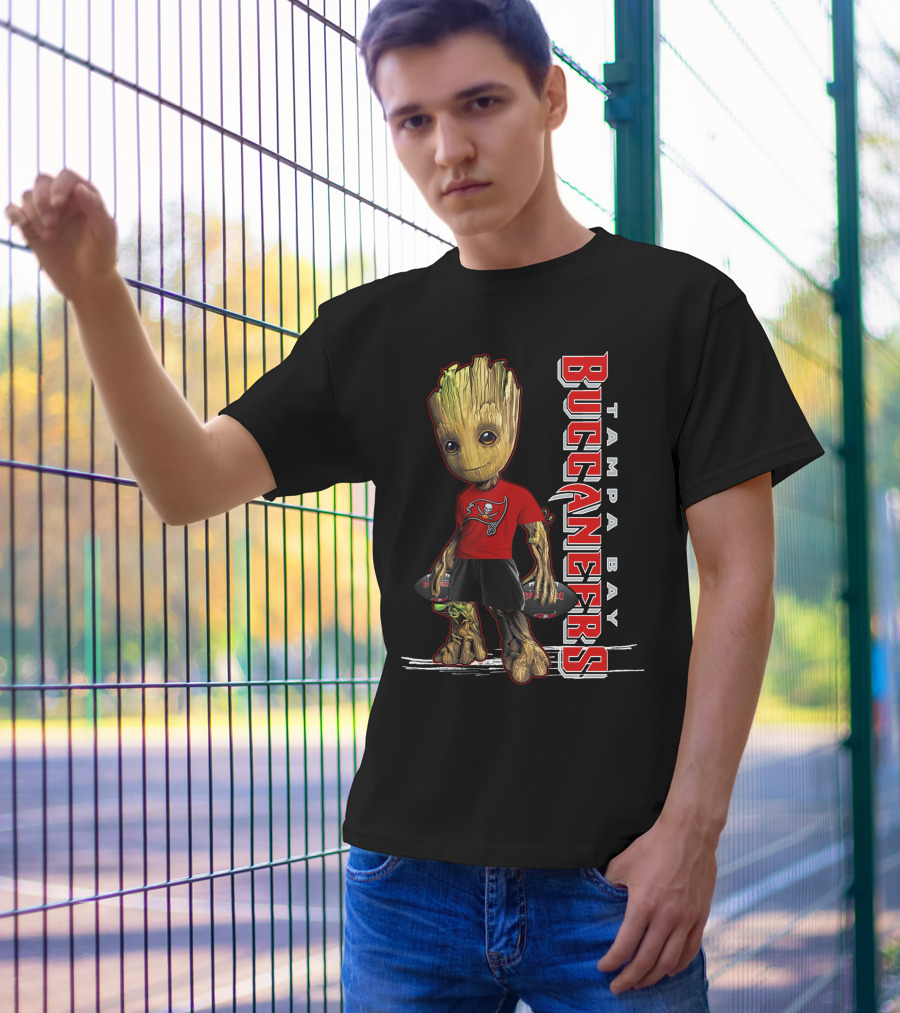Groot In Tampa Bay Buccaneers Gear Standing With Football T-Shirt