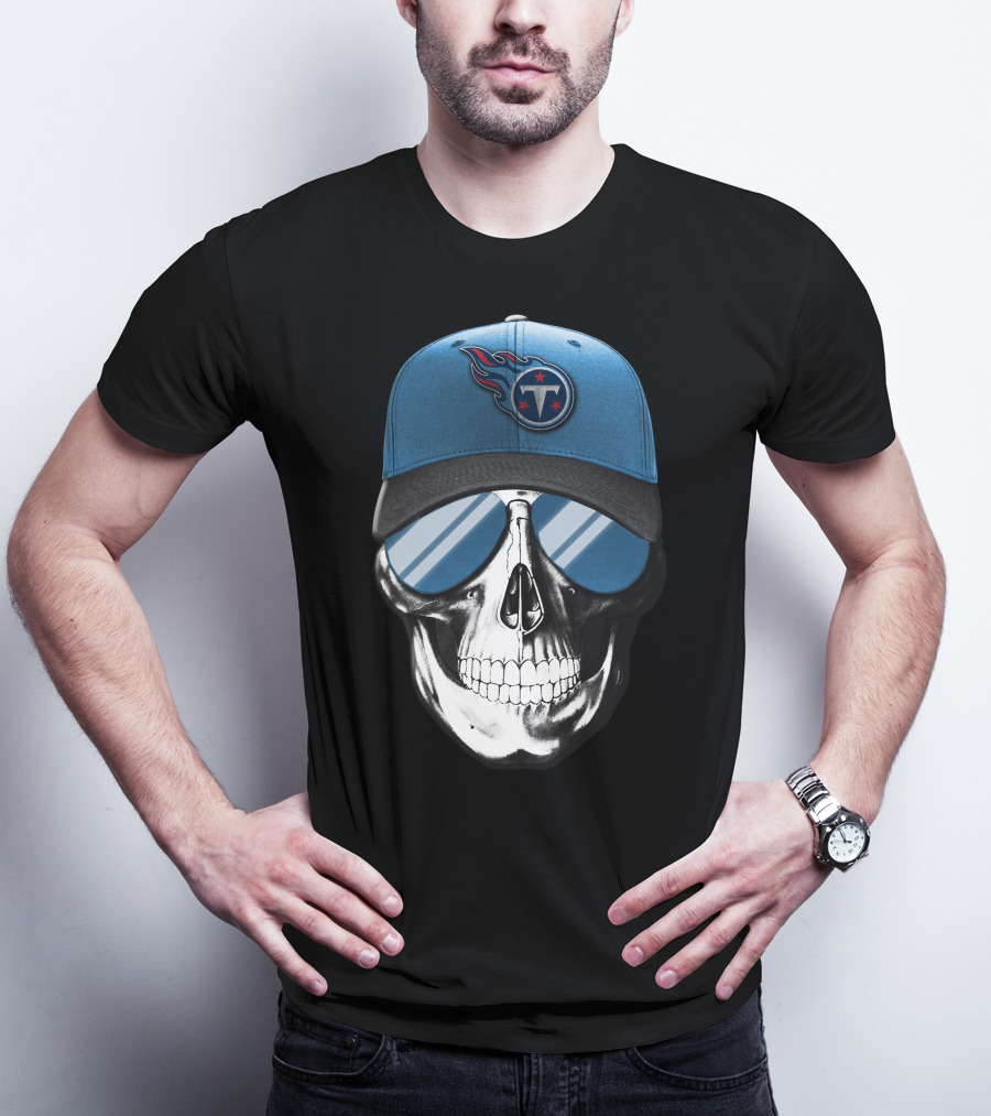 Skull With Tennessee Titans Logo Blue Cap And Sunglasses T-Shirt