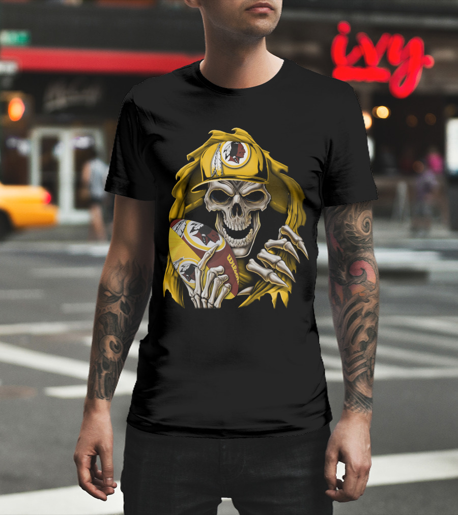 Skullbong Washington Redskins Skeleton Holding Football With Logo And Yellow Cap T-Shirt