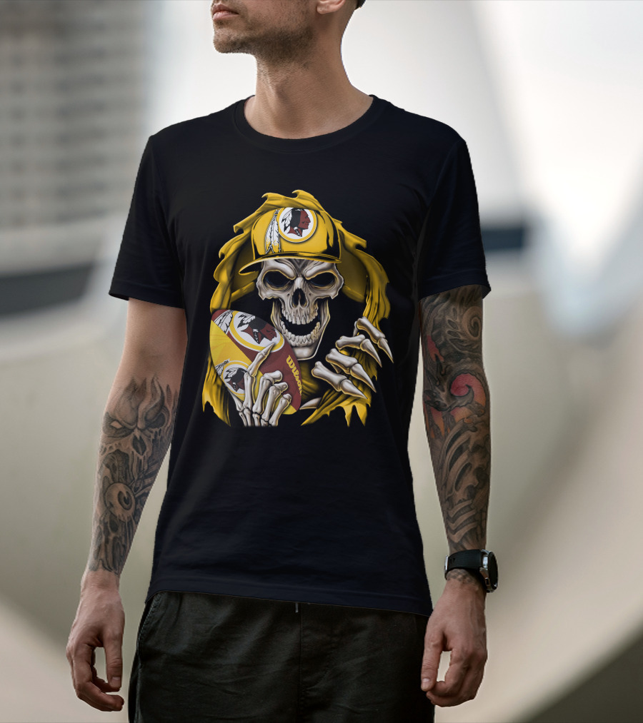 Skullbong Washington Redskins Skeleton Holding Football With Logo And Yellow Cap T-Shirt