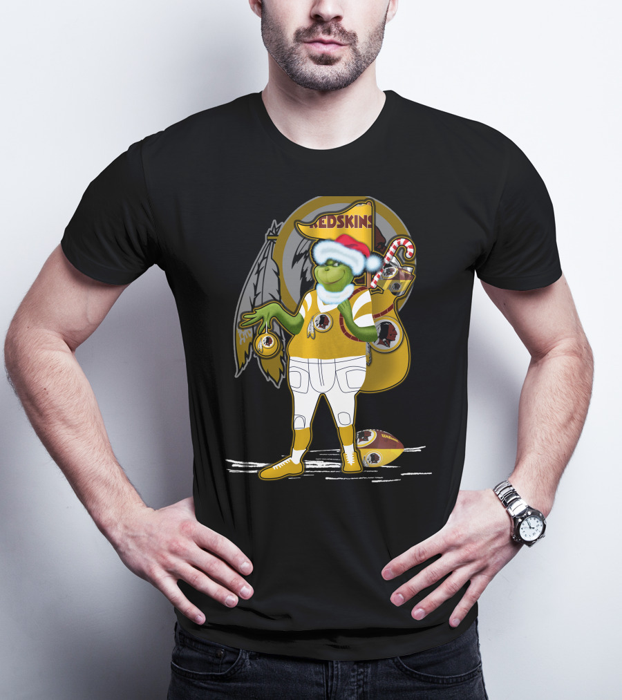 Grinchxmas V1 Washington Redskins Christmas Crossover With Santa Hat And Football Iconography T-Shirt