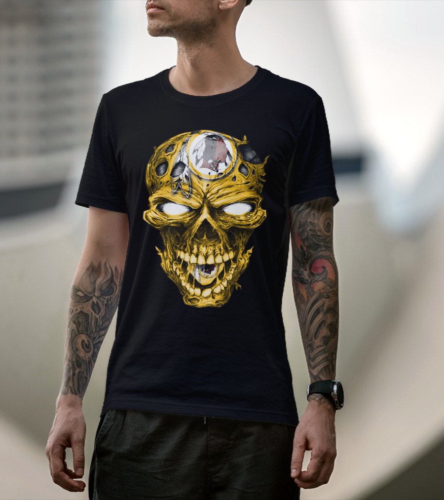 Skull V2 Washington Redskins Logo With Feather Headdress On Yellow Grinning Skull T-Shirt