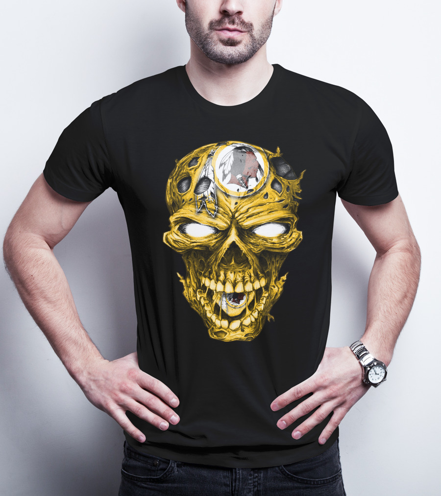 Skull V2 Washington Redskins Logo With Feather Headdress On Yellow Grinning Skull T-Shirt
