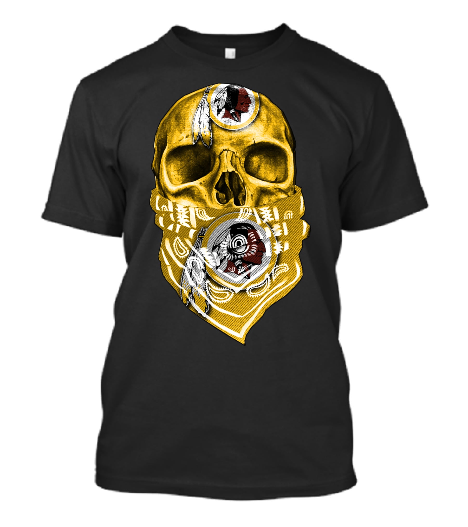 Skull Washington Redskins Logo With Yellow Bandana And Native American Symbolics T-Shirt