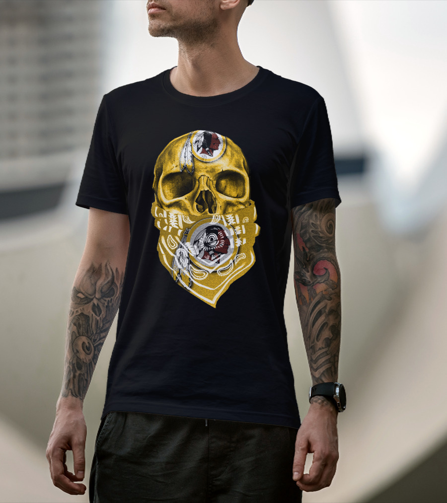 Skull Washington Redskins Logo With Yellow Bandana And Native American Symbolics T-Shirt