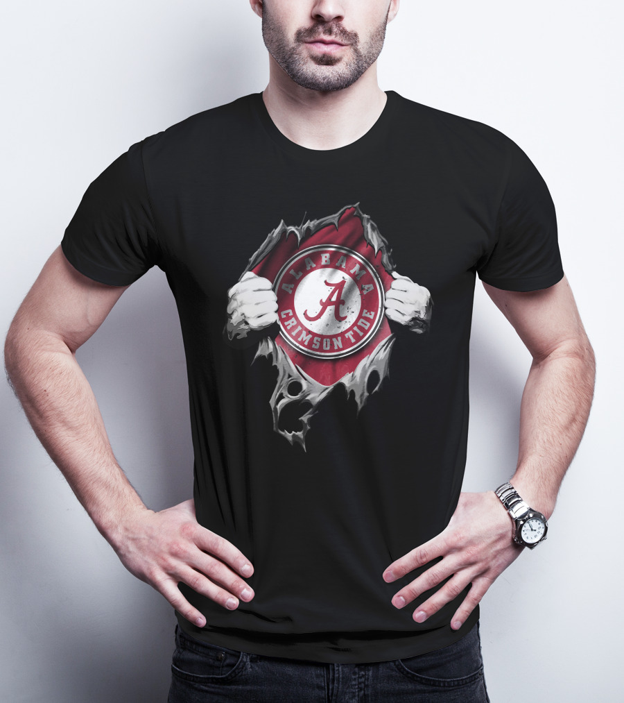 Torn V2 Alabama Crimson Tide Logo Hands Rip Through T-Shirt
