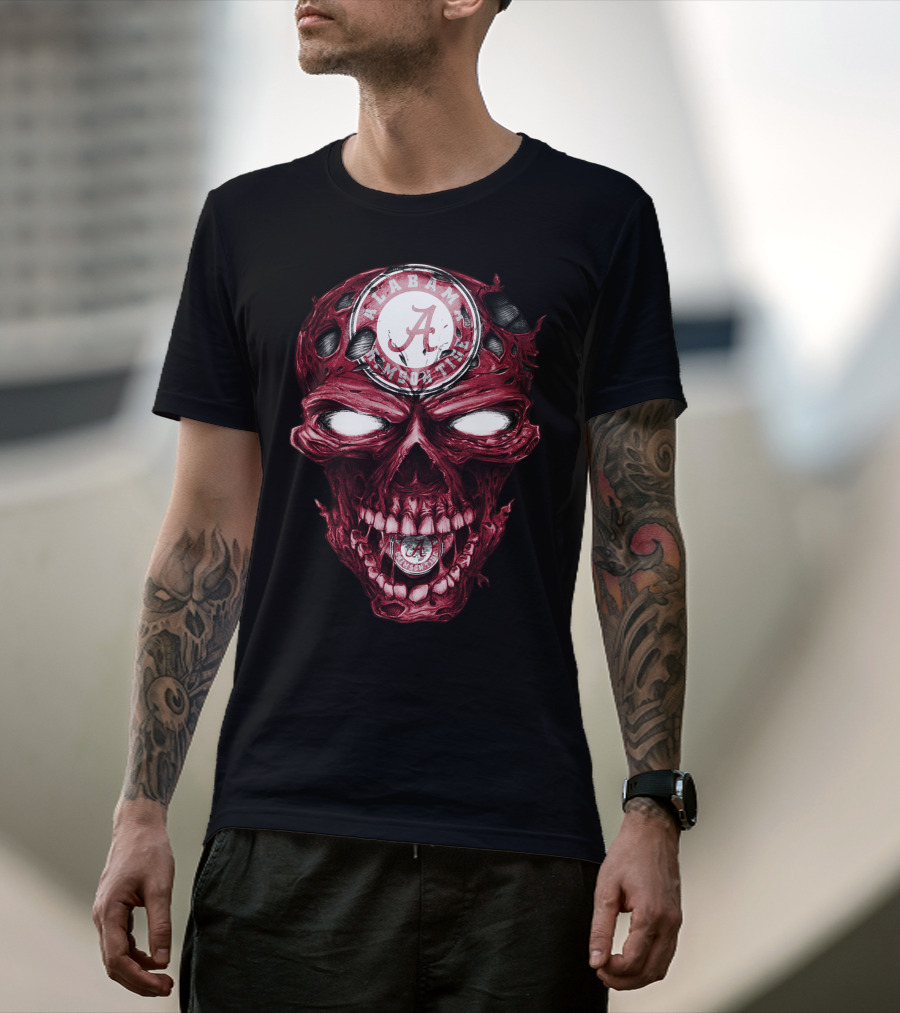 Skull V2 Alabama Crimson Tide A Logo Grinning Red Eyes T-Shirt