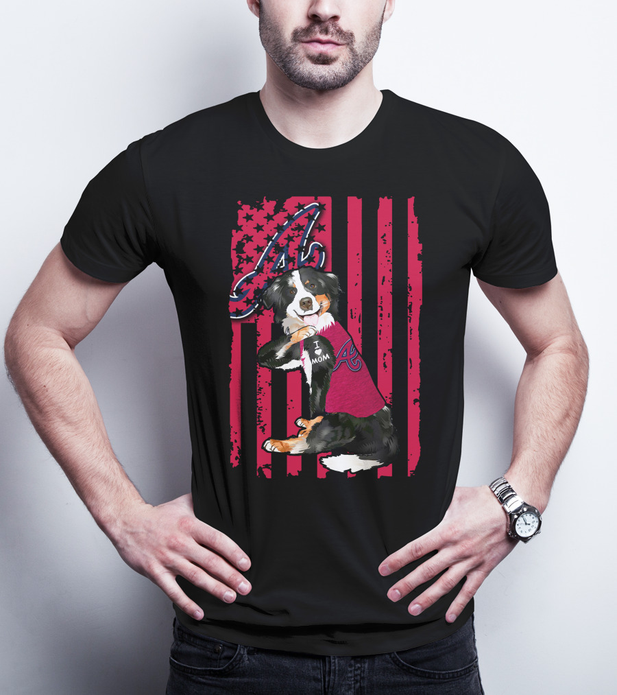 Border Collie I Love Mom Atlanta Braves A American Flag T-Shirt