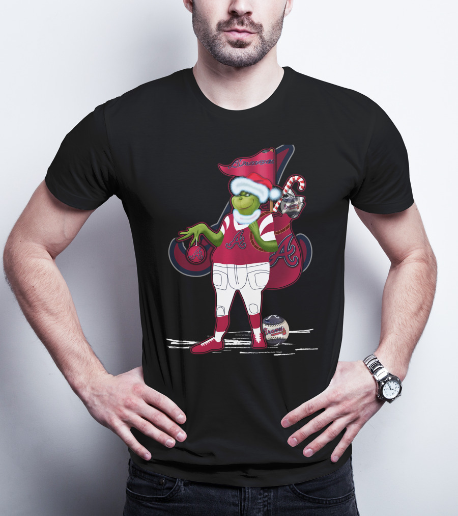 Grinchxmas Atlanta Braves Santa Holding Baseball Candy Cane T-Shirt