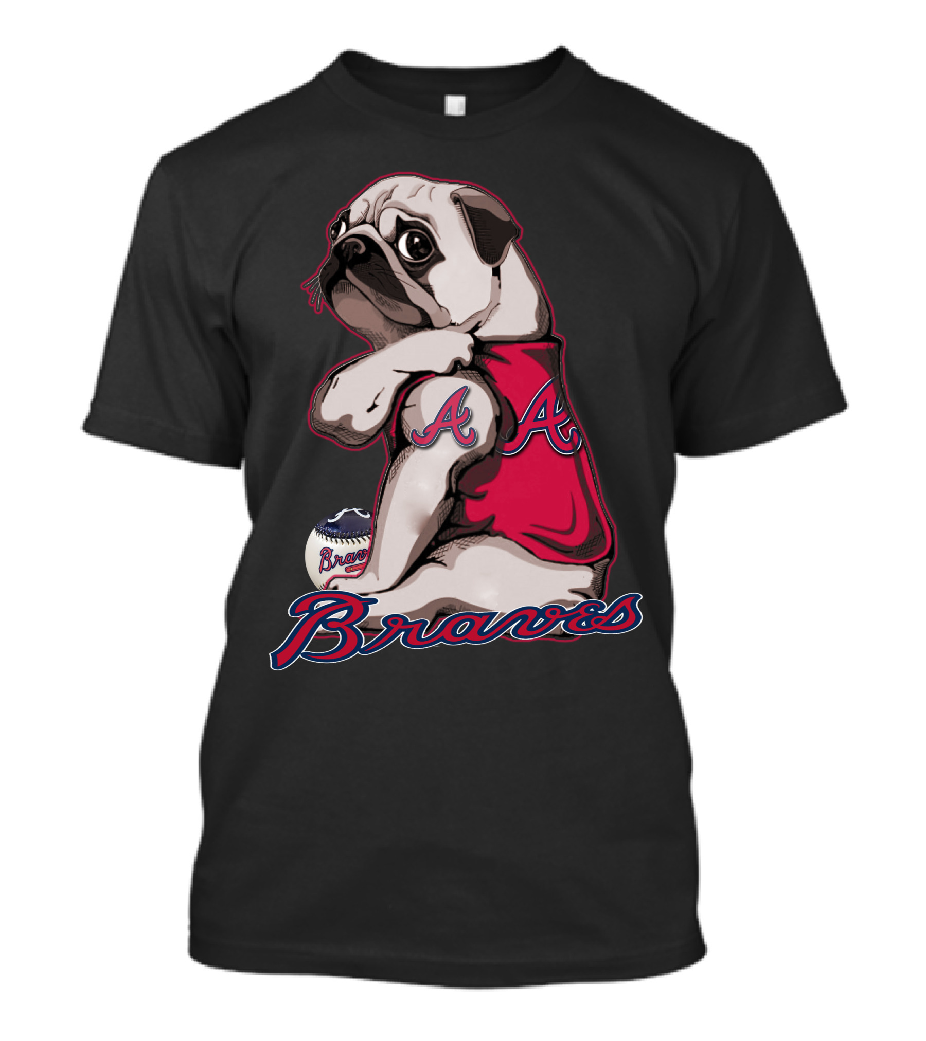 Pug Wearing Braves Jersey With Baseball And Double A T-Shirt