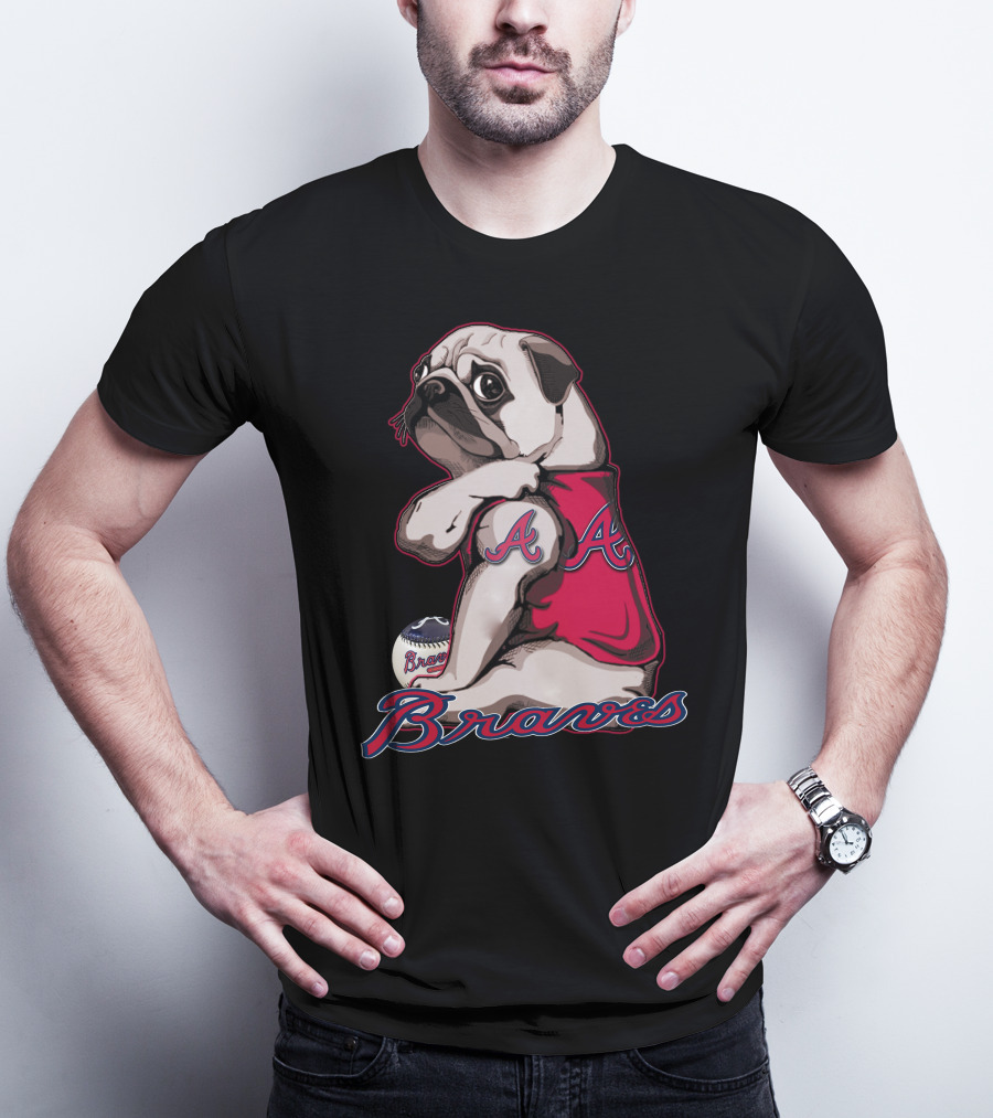Pug Wearing Braves Jersey With Baseball And Double A T-Shirt