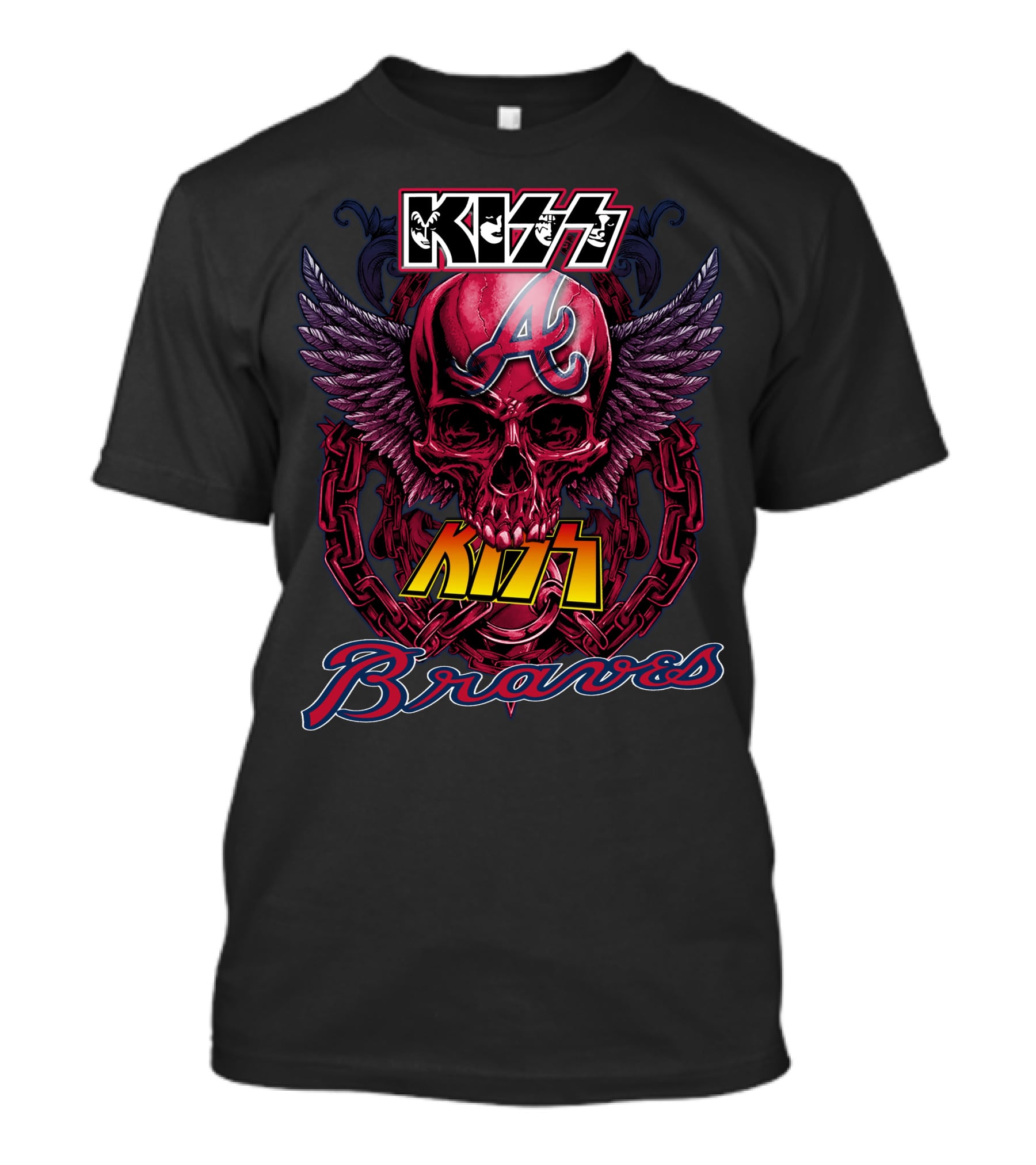 Kiss Atlanta Braves Skull Logo With Wings And Chains T-Shirt
