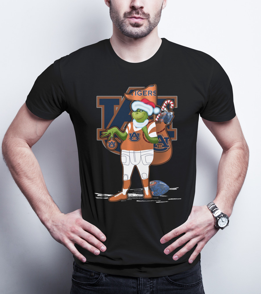 Grinch Christmas Auburn Tigers Football Santa Hat Candy Cane Sack T-Shirt