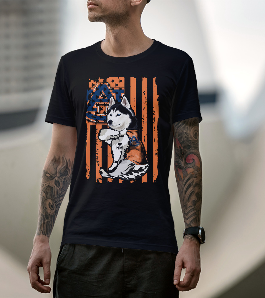 Siberian Husky Auburn Tigers Mom Heart Icon With Orange And Blue Flag T-Shirt