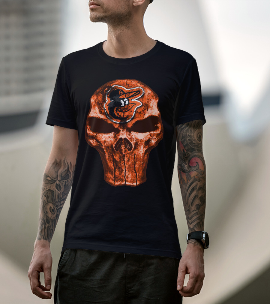 Skull V4 Baltimore Orioles Logo Grunge T-Shirt