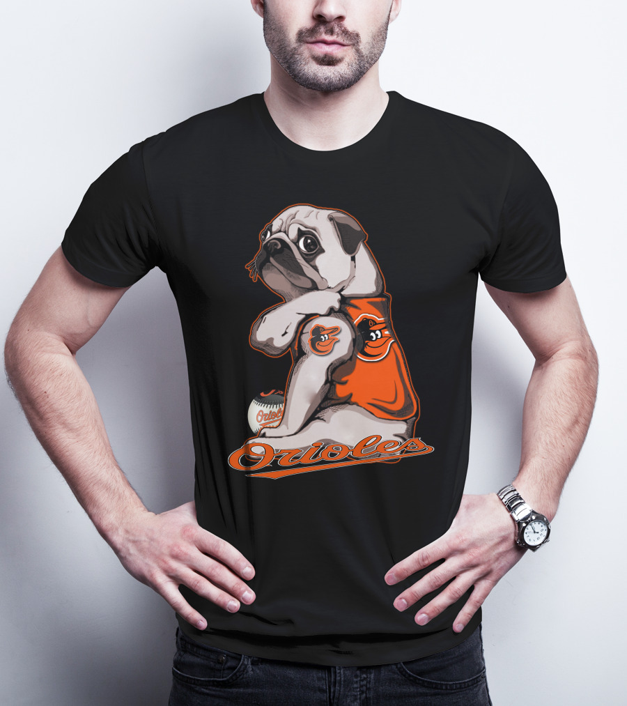 Pug Wearing Baltimore Orioles Jersey With Orioles Baseball T-Shirt