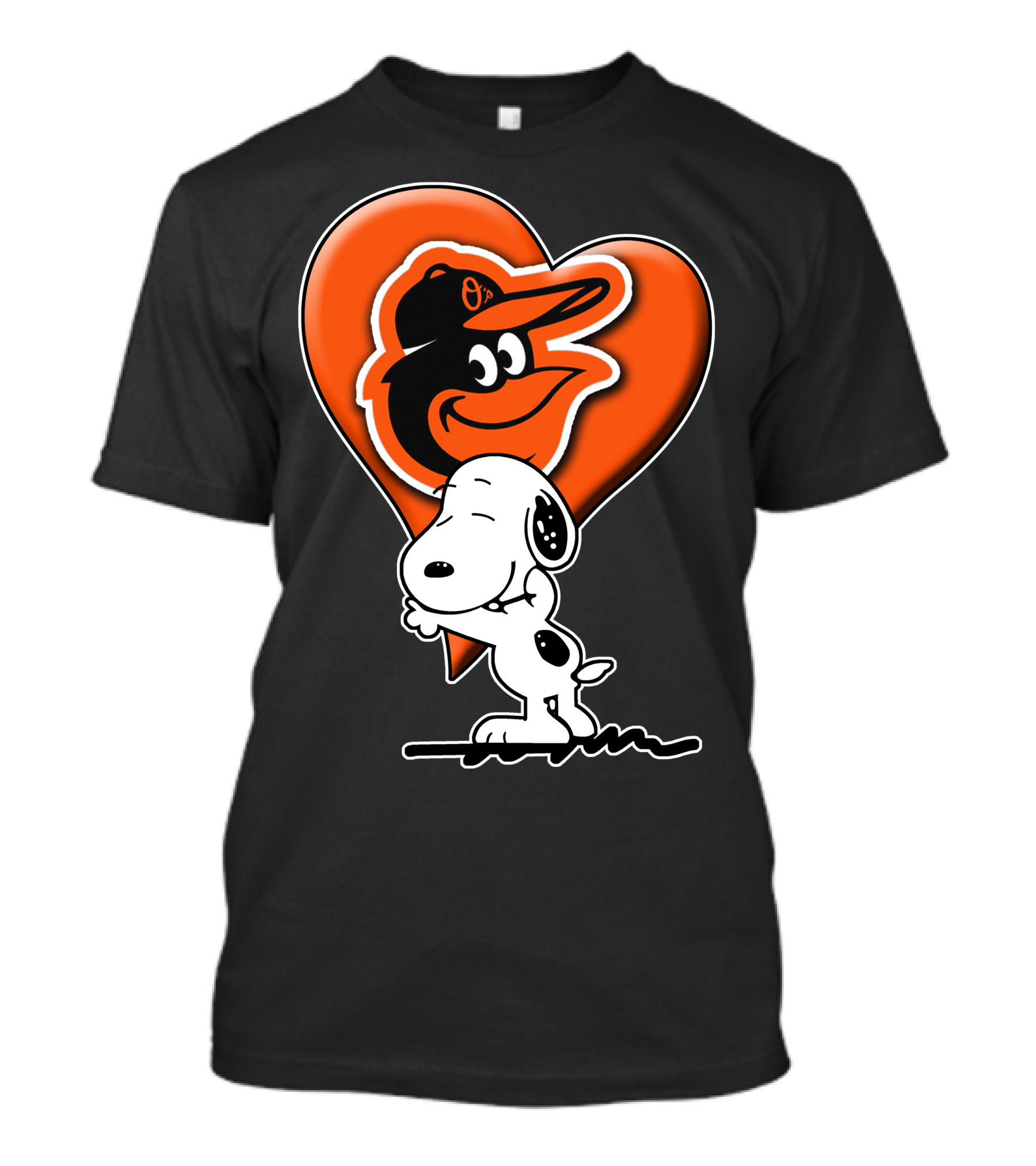 Snoopy Hugging Heart With Baltimore Orioles Bird T-Shirt