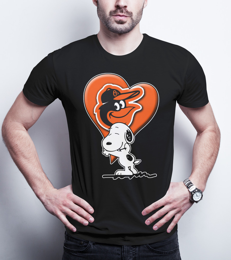 Snoopy Hugging Heart With Baltimore Orioles Bird T-Shirt