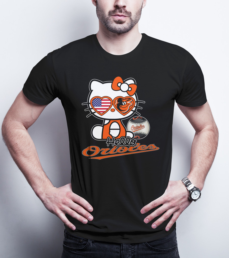 Hello Kitty Orioles Baltimore American Flag Baseball T-Shirt