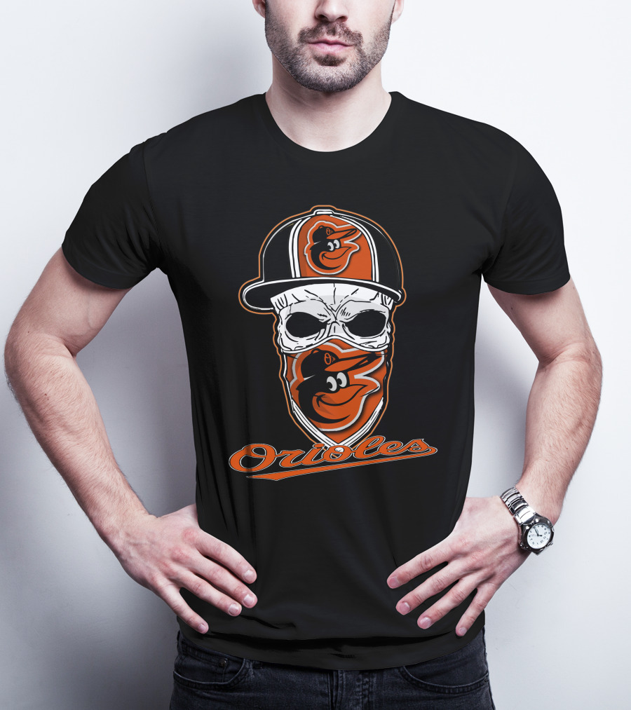 Skull Face Mask Baltimore Orioles Logo Hat T-Shirt
