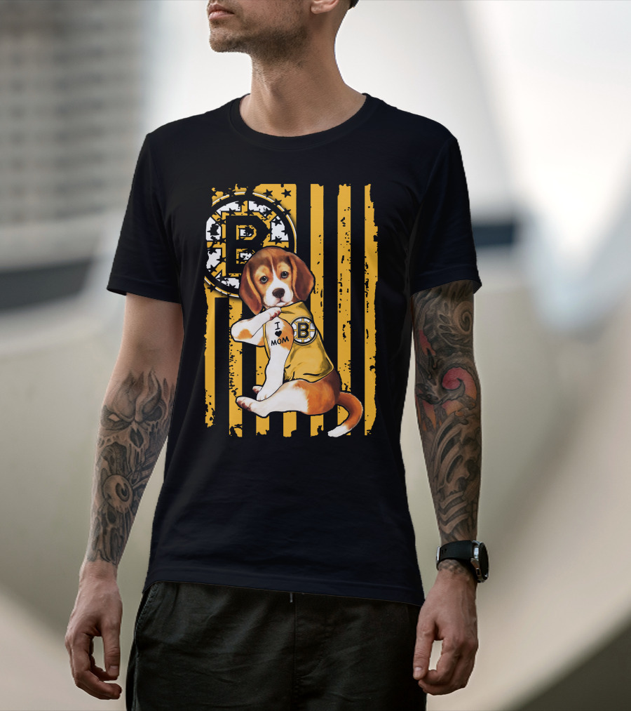 Beagle Puppy I Love Mom Boston Bruins Fan T-Shirt