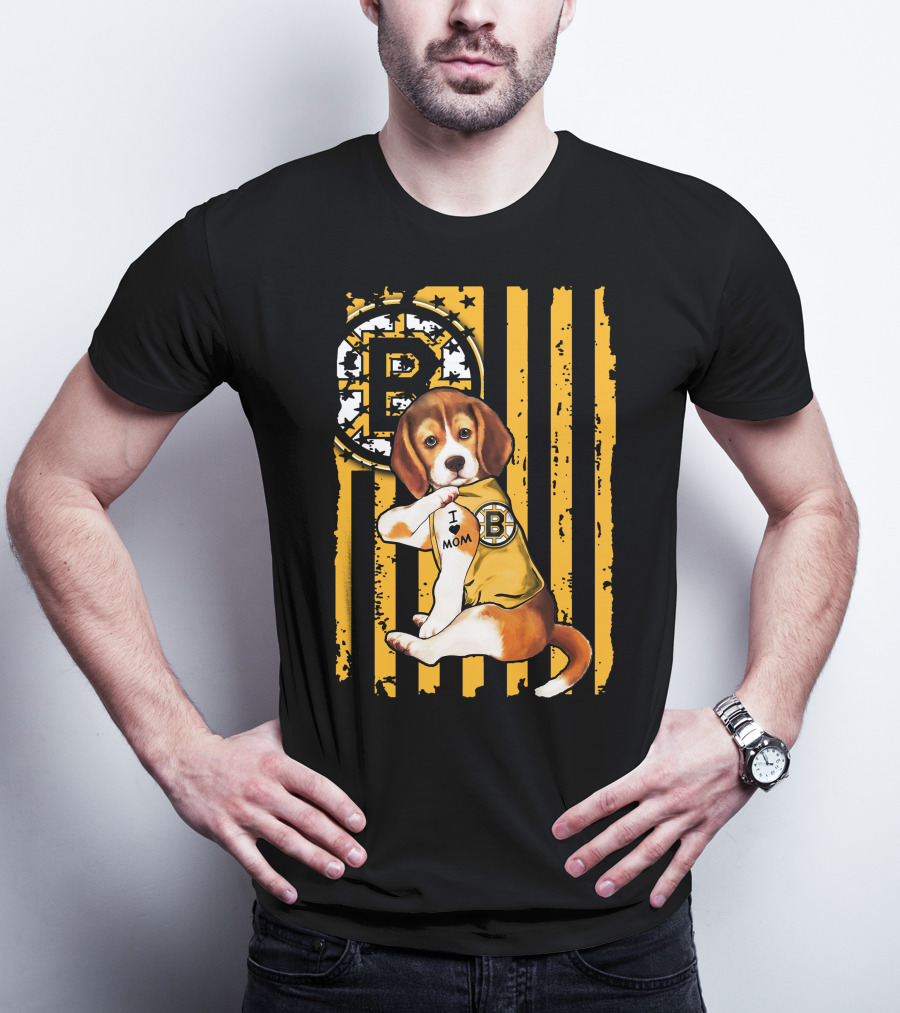 Beagle Puppy I Love Mom Boston Bruins Fan T-Shirt