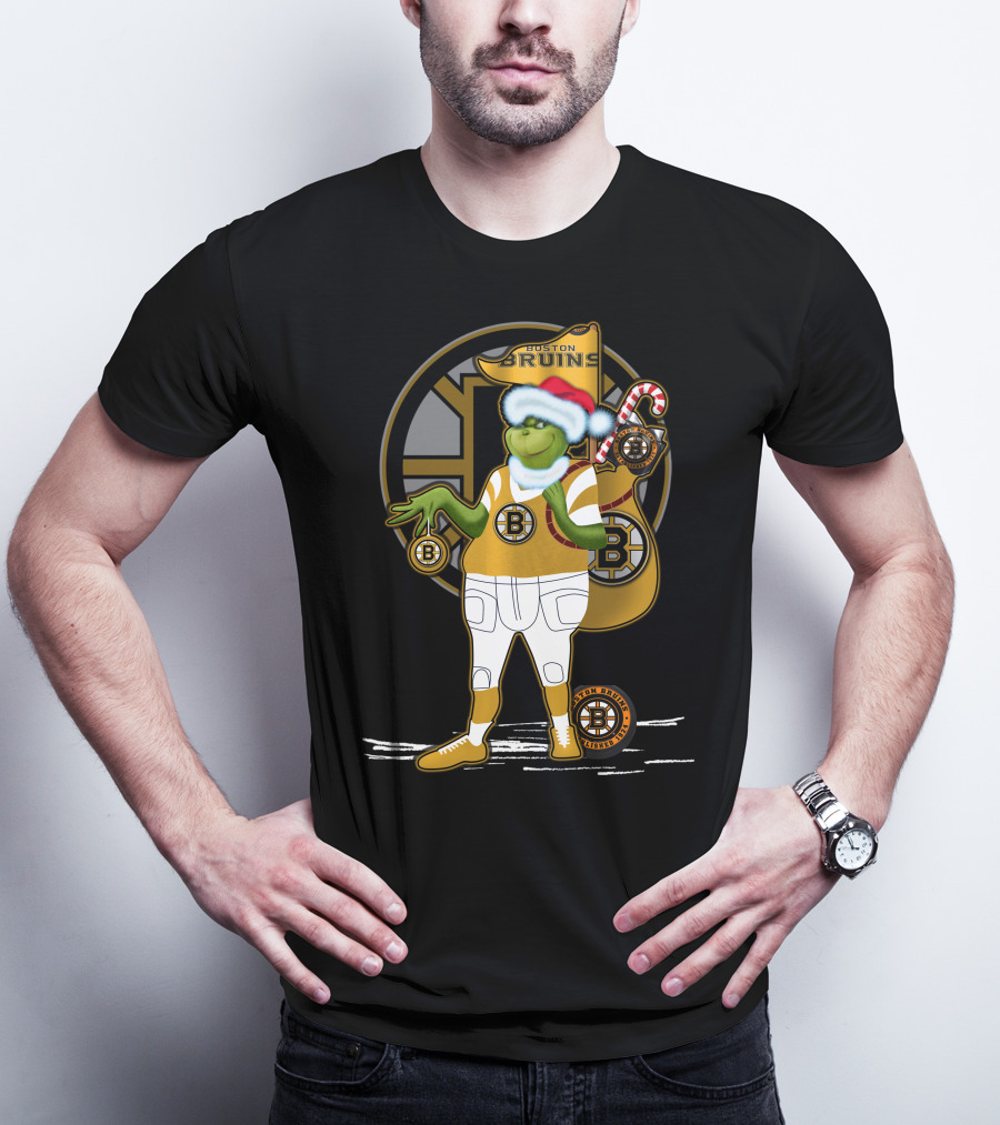 Grinch Boston Bruins Santa Hat Candy Cane Bruins T-Shirt