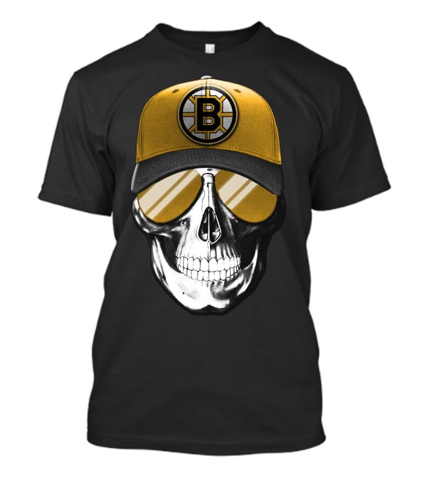 Skull In Yellow Boston Bruins Cap And Sunglasses T-Shirt