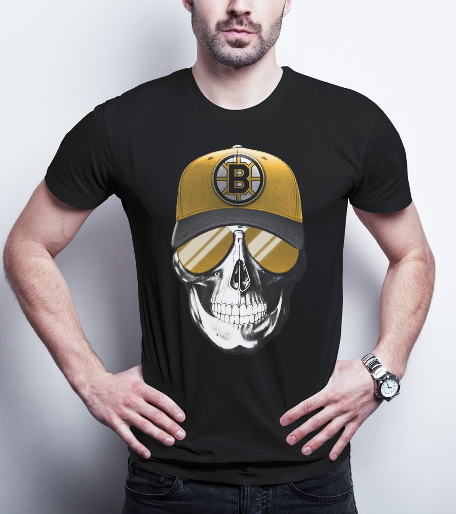 Skull In Yellow Boston Bruins Cap And Sunglasses T-Shirt