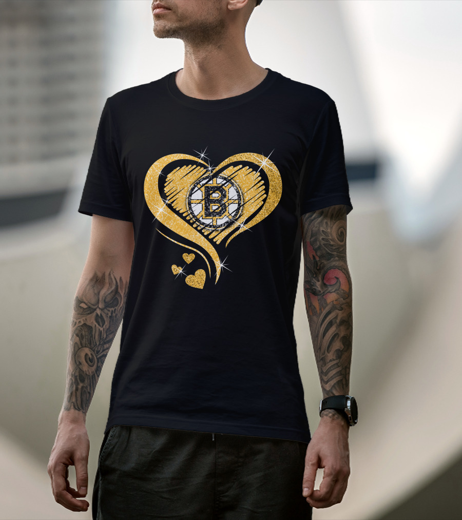 Boston Bruins Heart Glitter Logo Diamond T-Shirt