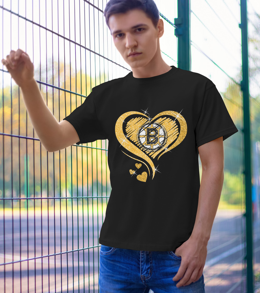 Boston Bruins Heart Glitter Logo Diamond T-Shirt
