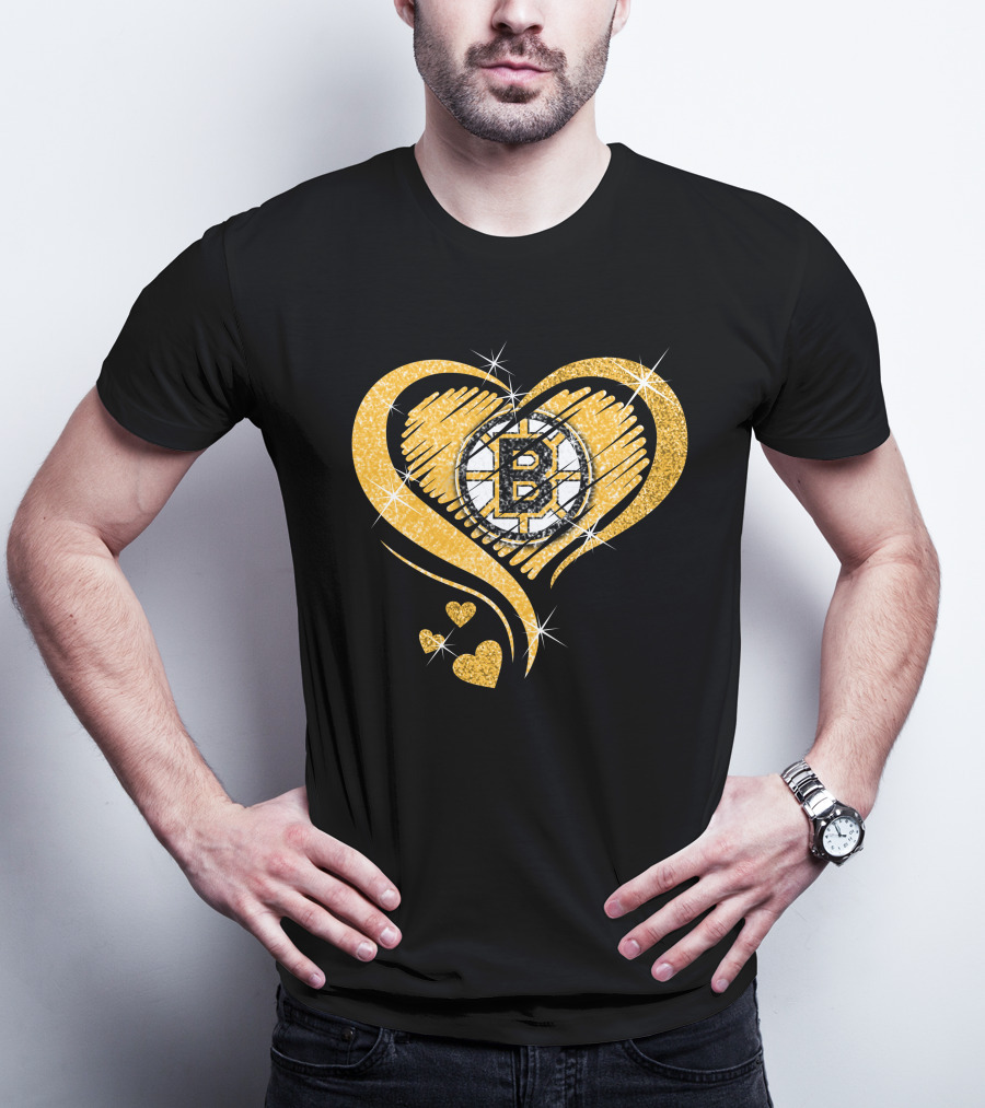 Boston Bruins Heart Glitter Logo Diamond T-Shirt