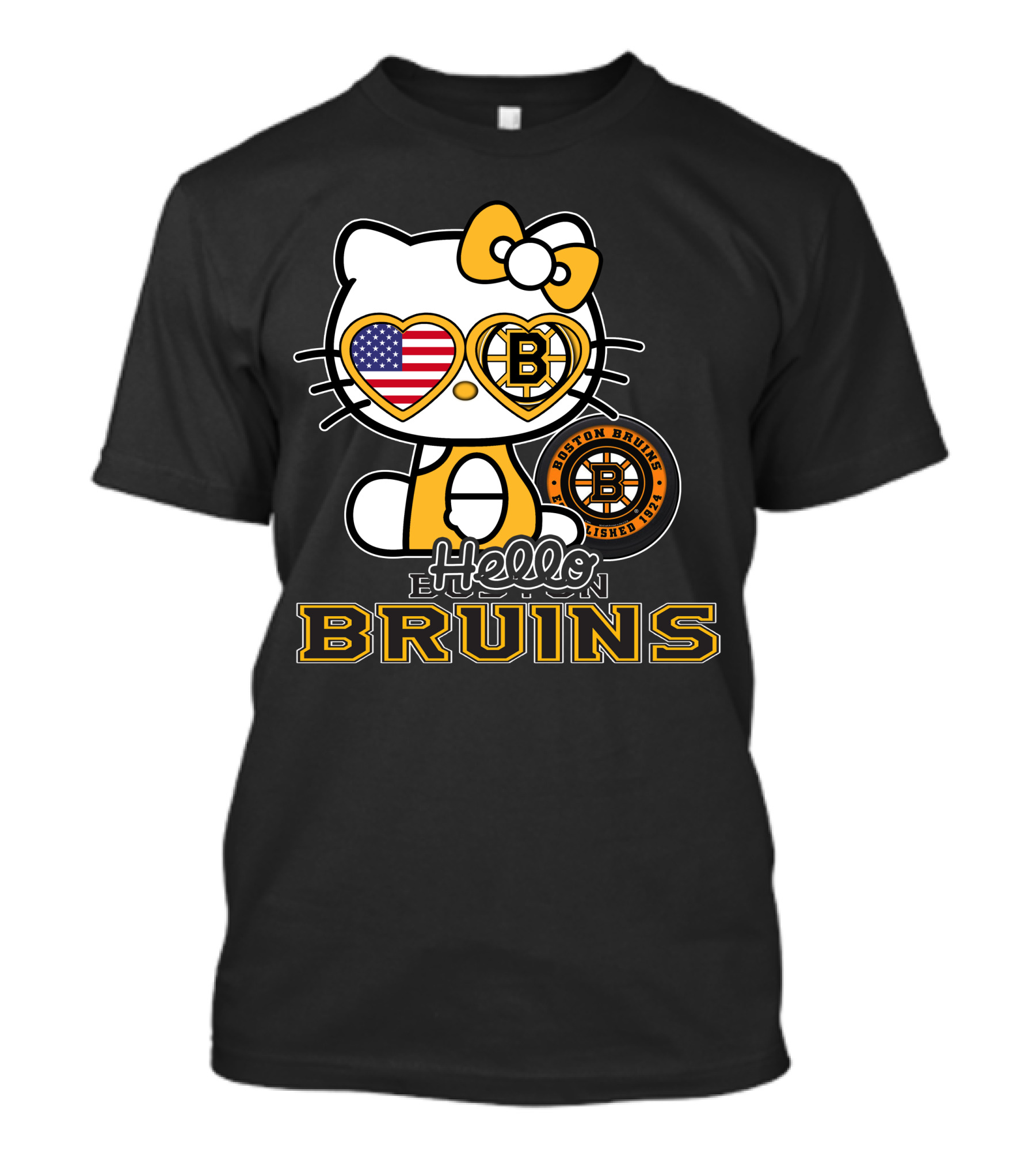 Hello Kitty Boston Bruins Established 1924 USA Flag Heart Sunglasses T-Shirt