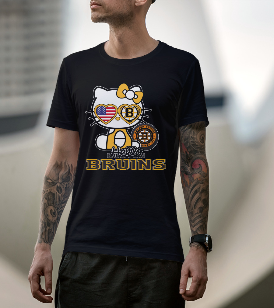 Hello Kitty Boston Bruins Established 1924 USA Flag Heart Sunglasses T-Shirt