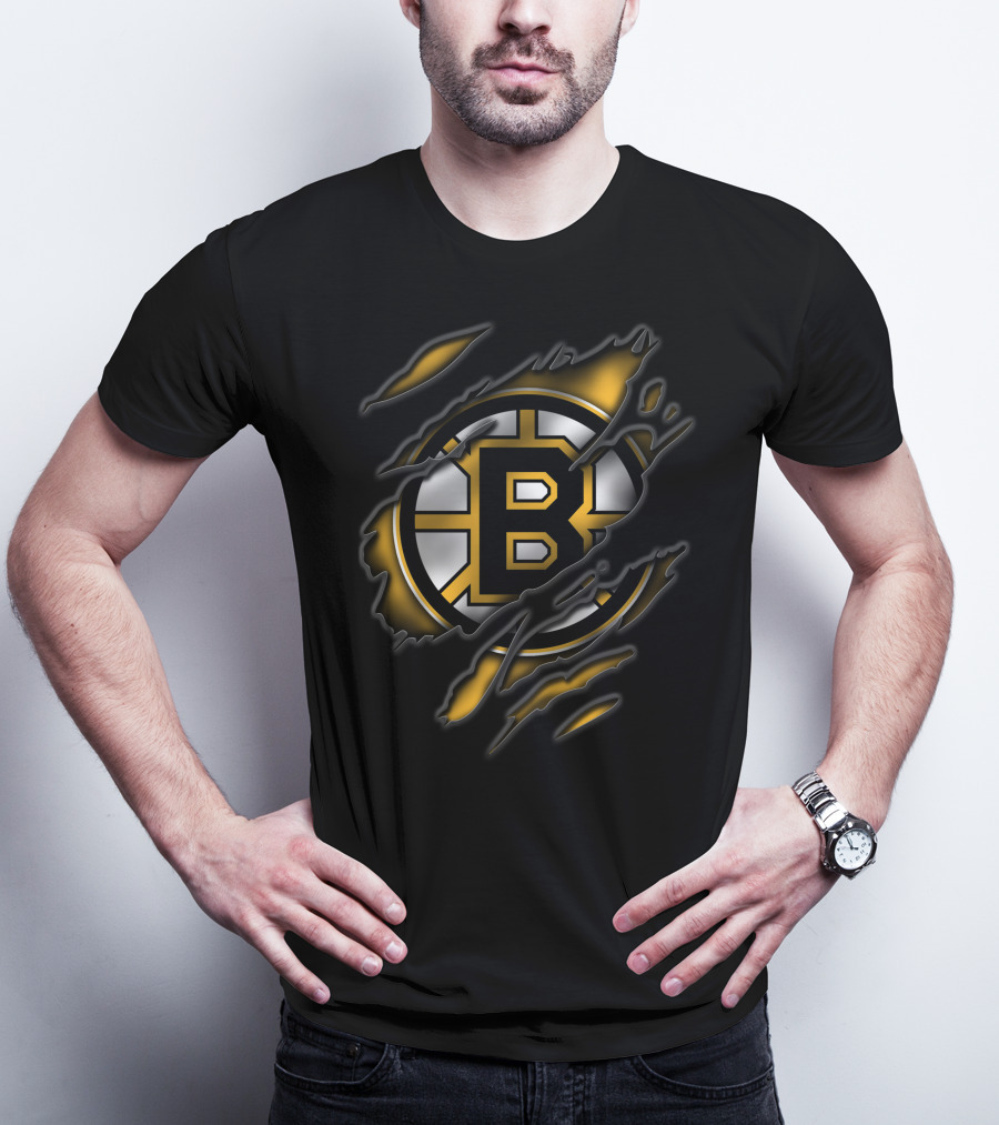 Torn Boston Bruins Logo Emblem Ripped Claw Marks T-Shirt