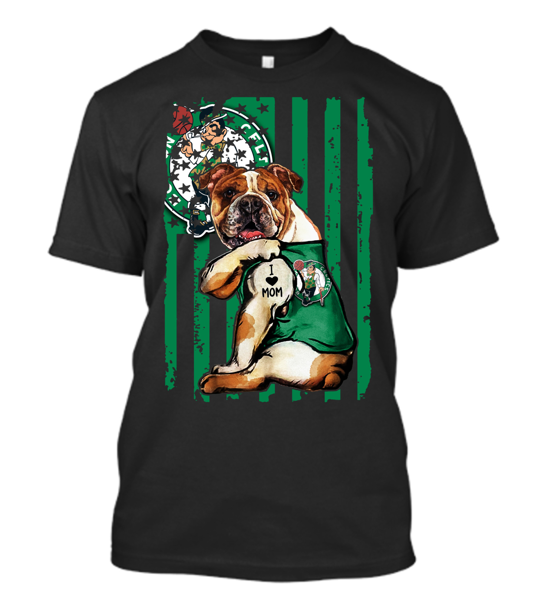 Bulldog Boston Celtics I Love Mom Green Stripes Basketball T-Shirt