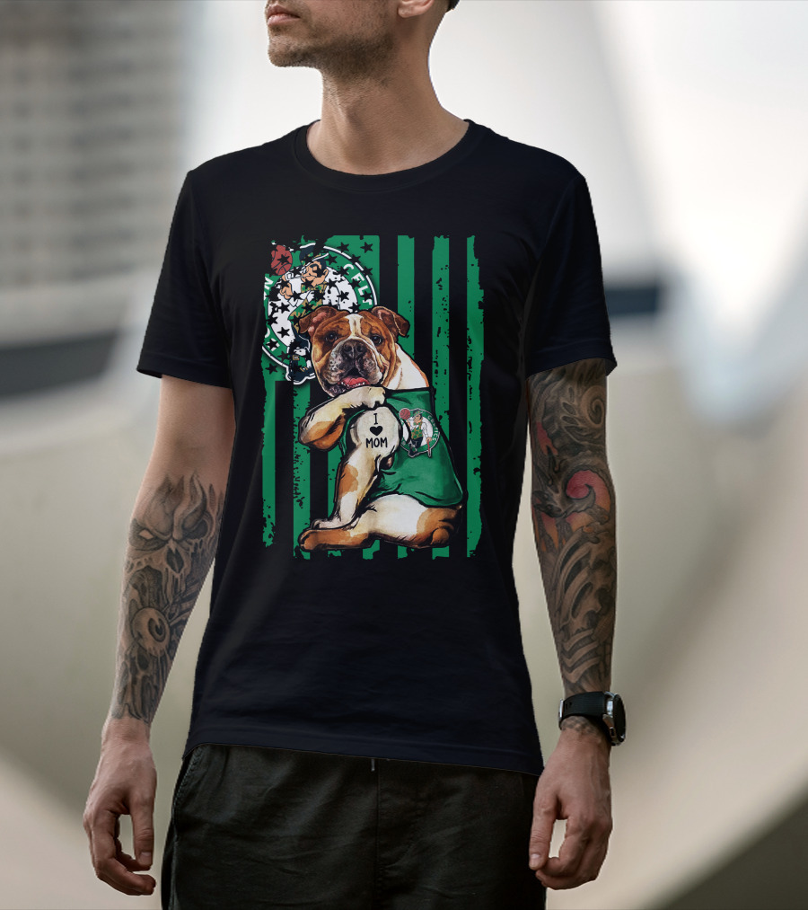 Bulldog Boston Celtics I Love Mom Green Stripes Basketball T-Shirt