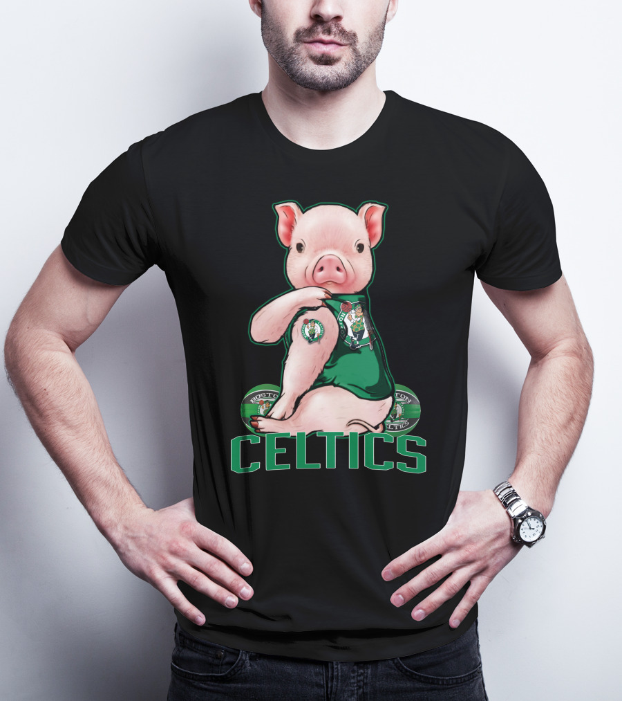 Pig Wearing Boston Celtics Logo Jersey With Celtics Text T-Shirt